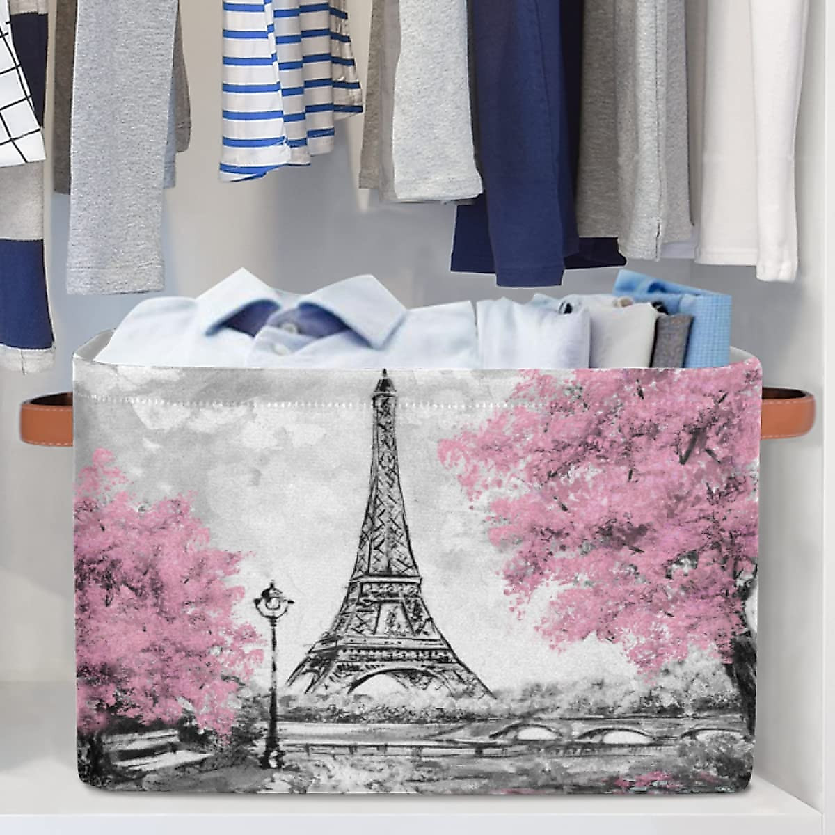 Shelf Storage Basket French Paris Eiffel Tower Canvas Large Storage Collapsible Organizer Toy Boxes Clothes Laundry Storage Bins Cubes with Handles for Closet Bedroom Nursery Home Office 2 Pack
