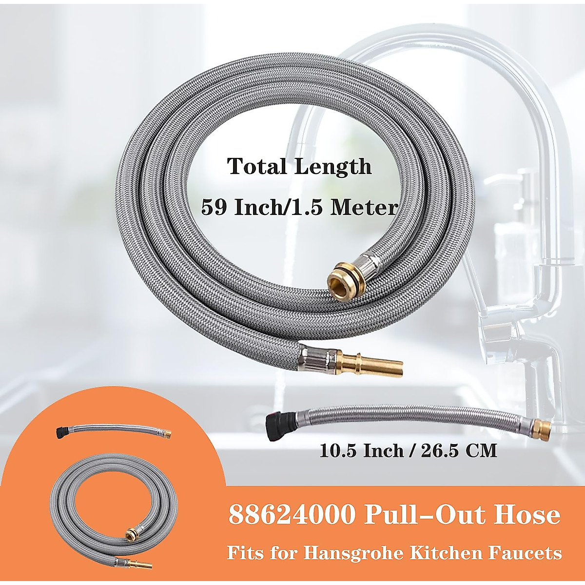88624000 Pull-out Hose Replacement for Hansgrohe Kitchen Faucets with Brass Connectors, Pull Down Faucet Spray Hose Parts, 59-Inch + 10.5-Inch