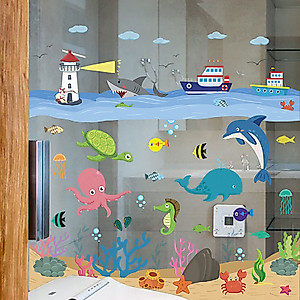 Cartoon Octopus Turtle Whale Grass Seaweed Wall Decals, Under The Sea Wall Decal Stickers, Removable Vinyl Baby Nursery Wall Decor Mural Art for Kids Girls Boy Nursery Bedroom Bathroom