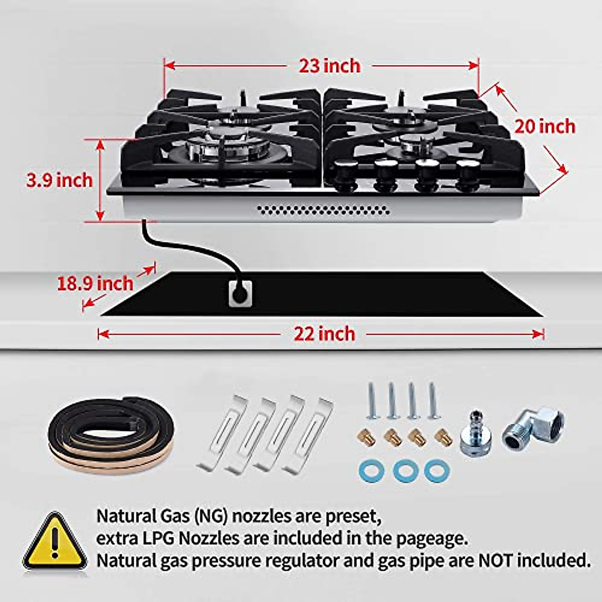 Gas Stove Top 24 inch Eascookchef,24 inch Gas Cooktop 4 Burner,Gas Stove Top NG/LPG Convertible,Black Tempered Glass Dual Burners Propane Cooktop with Thermocouple Protection,Bulit-in Gas Hob