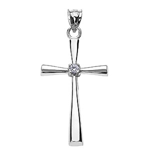 14K White Gold Solitaire Diamond Accented Cross Pendant Necklace, 16"