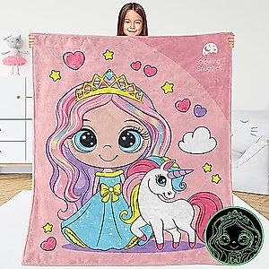 GLOWING SNUGGLES Princess Unicorn Glow in The Dark Blanket for Girls - Unicorn Princess Birthday Halloween Thanksgiving for Girls; Unicorn Princess Toys; Cute Soft Room Decor