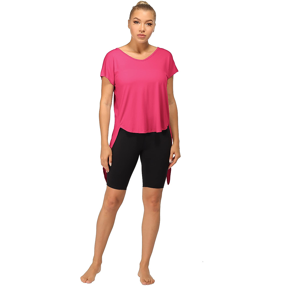 icyzone Open Back Workout Tops for Women - Athletic Activewear T-Shirts Exercise Yoga Shirts (Black/Pink Lychee, M)