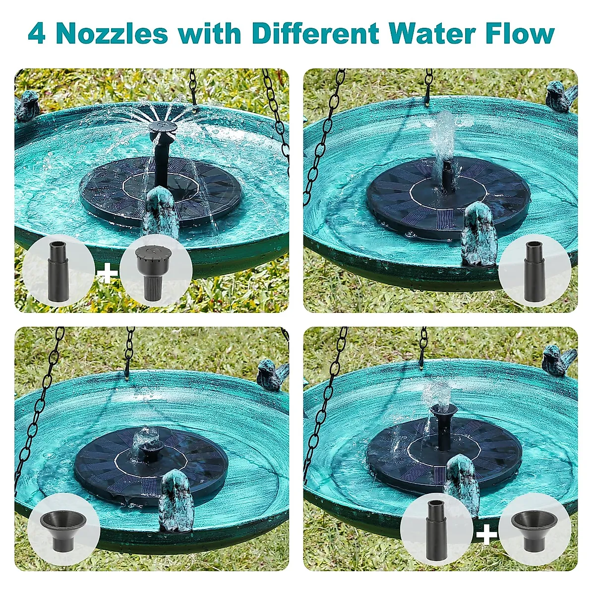 DazSpirit Hanging Solar Bird Bath Fountain, 14.9inch Diameter Green Metal Bird Bath Bowl with Solar Powered Pump & 4 Water Spray Nozzles for Outdoor Garden Backyard Patio Lawn