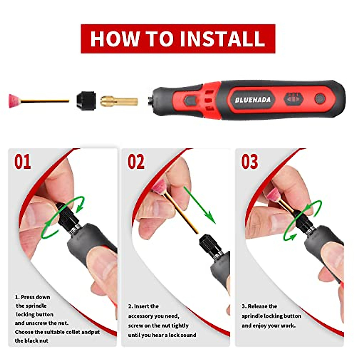 BLUEHADA Cordless Rotary Tool 3 Variable Speeds 55 Pcs Easy-to-Replace Accessories Multi-Purpose 3.6V Power USB Rotary Tool for Drilling Sanding Polishing Cutting, DIY Crafts, YGIRT001