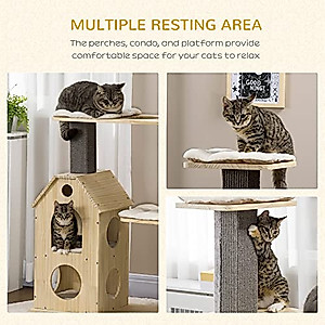 PawHut 53" Modern Cat Tree with Scratching Posts & Wheel, with Double-Layer Cushioned House, Small Cat Tower for Indoor Cat Furniture, Climbing Wooden Cat Tree