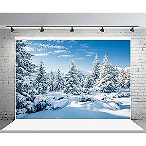 Leyiyi 5x3ft Photography Background Snow Covered Mountain Backdrop Cold Winter Pine Forest Sunlight Merry Christmas Happy New Year Alps Blue Sky Cloud Photo Portrait Vinyl Studio Video Prop