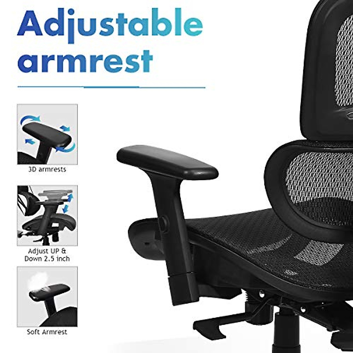 POWERSTONE Ergonomic Office Chair - High Back Computer Chairs with Adjustable Headrest Armrests and USB Massage Lumbar Support Gaming Chair 140°Reclining Breathable Mesh Back