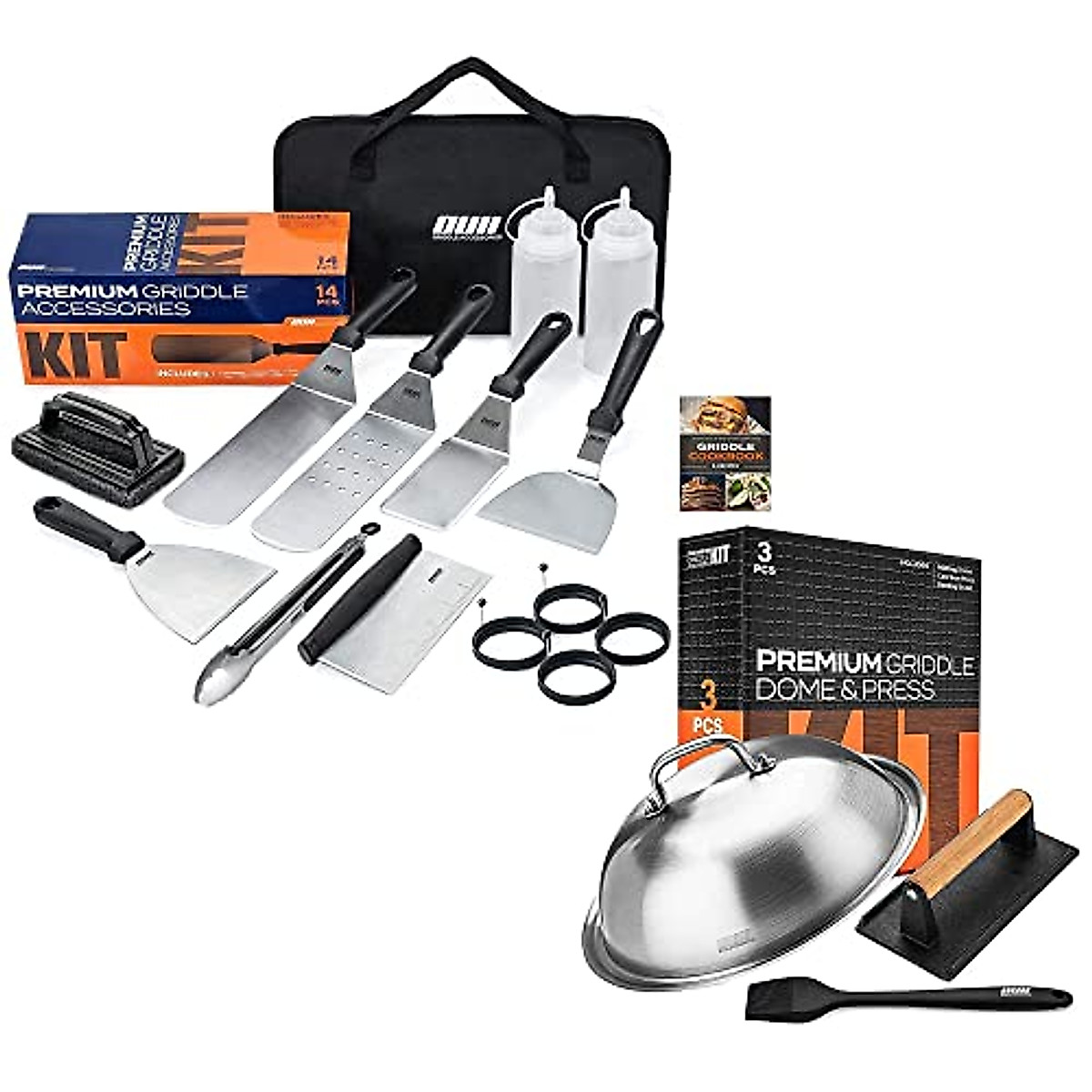 OUII Flat Top Griddle Accessories Set for Blackstone and Camp Chef Griddle 14 Pieces Set & 12 Inch Heavy Duty Round Basting Cover Cheese Melting Dome with Cast Iron Burger Bacon Press & Basting Brush