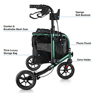 WALK MATE 3 Wheel Rollator Walker with Seat for Slim Seniors, Padded Backrest Lightweight Foldable Walker Ideal for Elderly, 8 Inch Tri-Wheel Modern Mobility Walking Aid Aluminum, Green