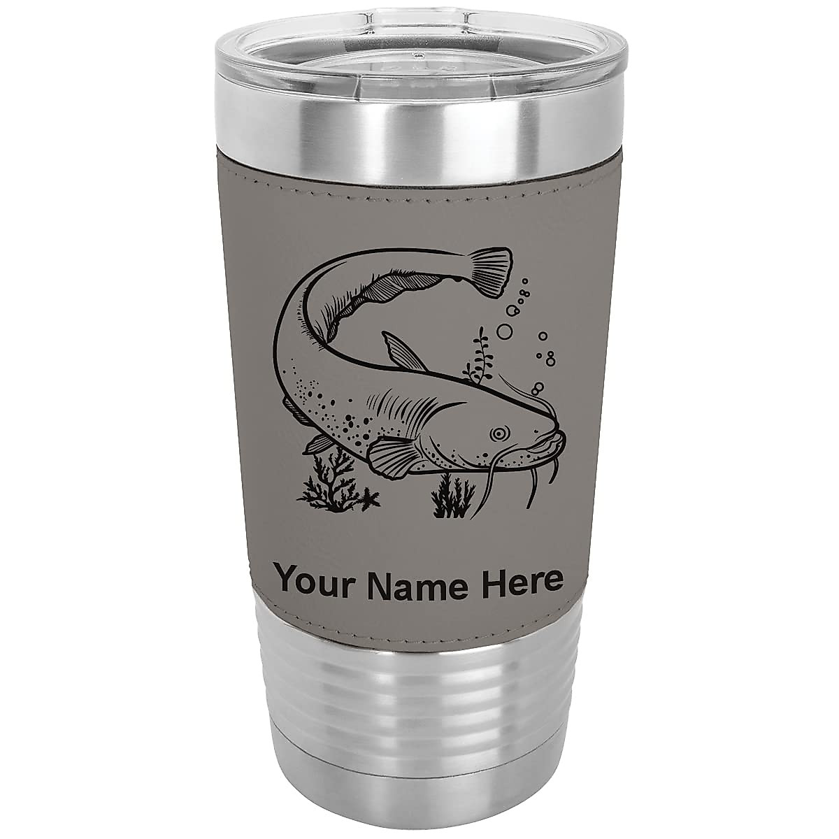 LaserGram 20oz Vacuum Insulated Tumbler Mug, Catfish, Personalized Engraving Included (Faux Leather, Gray)