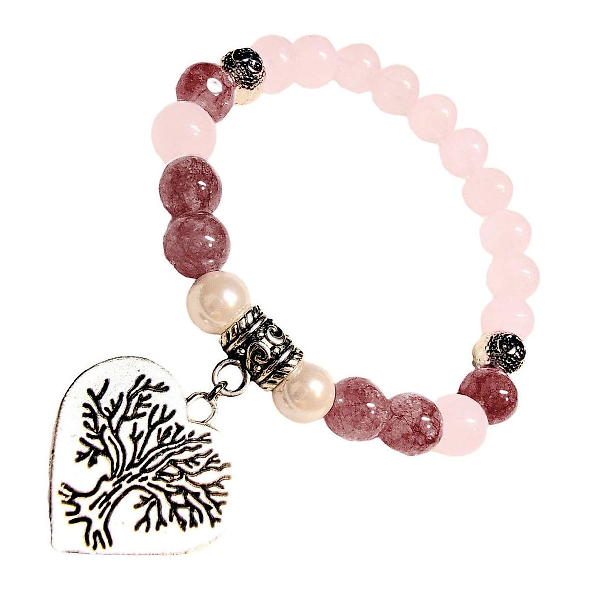 Tree of Life Heart Charm Bracelet with REAL Natural Stones Lepidolite & Rose Quartz & South Sea Pearl - Chakra Bracelet Anti-Stress Anti-Anxiety Gemstones Jewelry (lepidolite)