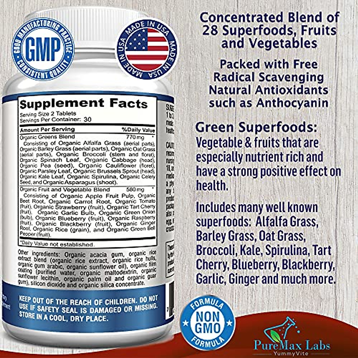 Fruit and Veggie Superfood Greens - 28 Fruits and Vegetables incl. Alfalfa, Barley Grass, Spirulina, Beet Root, Tart Cherry, Concentrated Natural Antioxidants- 60 Tablets