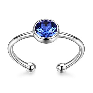 AOBOCO 925 Sterling Silver Created Sapphire Ring September Birthstone Adjustable Stackable Wrap Open Ring for Women, Crystals from Austria