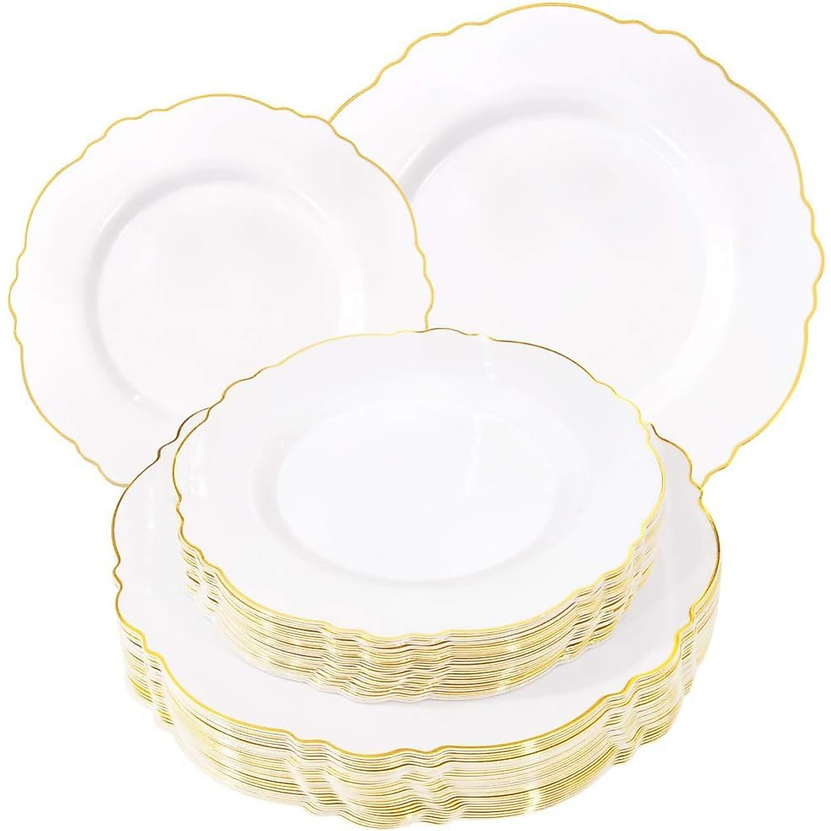 WDF 60pcs White and Gold Plastic Plates - Baroque White With Gold of 30 Heavy Duty Gold dinner plates 10.25inch, 30 Salad Plates 7.5inch