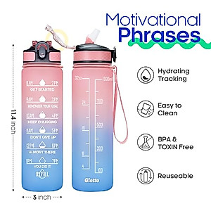 Giotto 32oz Large Leakproof BPA Free Drinking Water Bottle with Time Marker & Straw to Ensure You Drink Enough Water Throughout The Day for Fitness and Outdoor Enthusiasts-Ombre Pink Blue