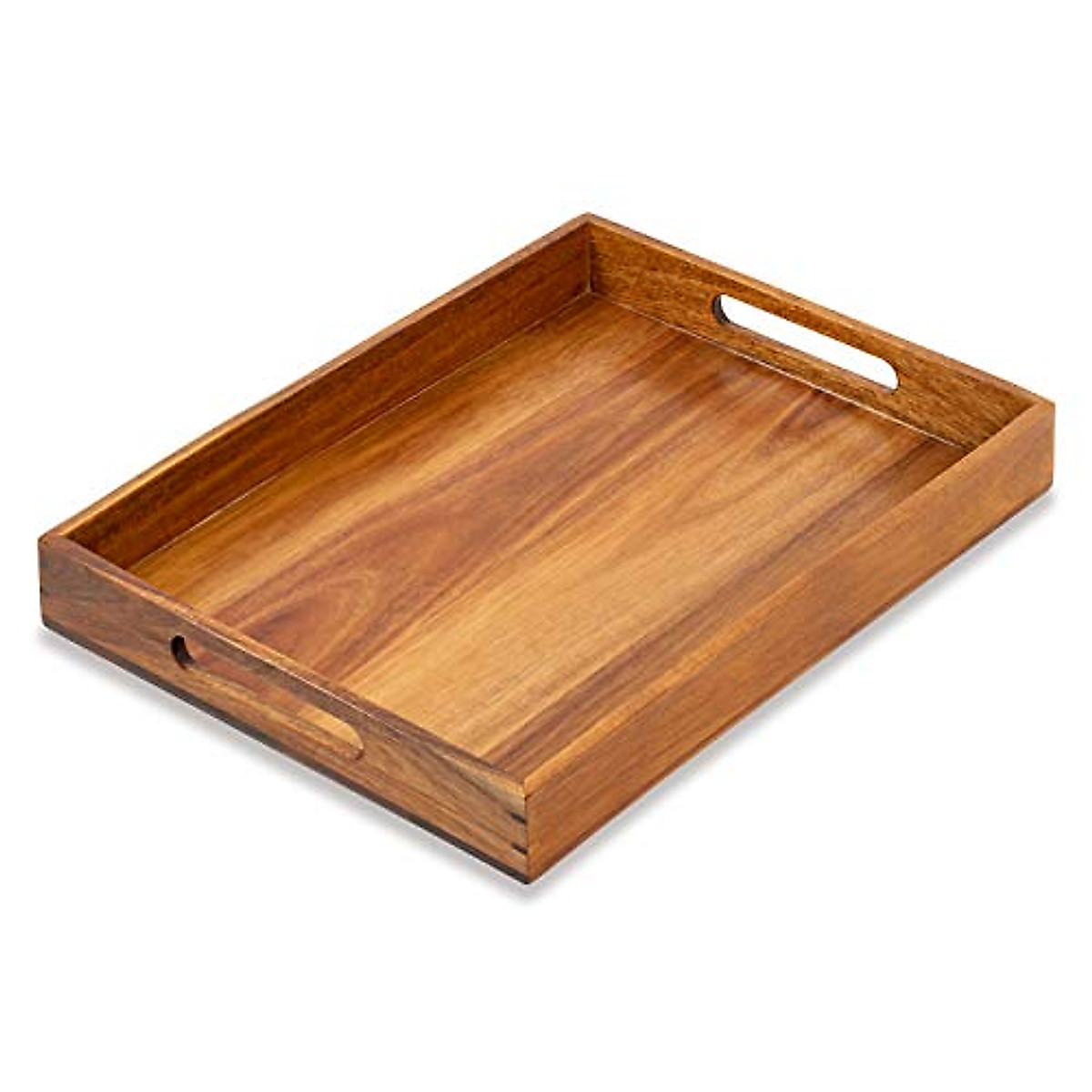 DecoVibe Acacia Wood Serving Tray with Handles - Rustic Wooden Tray for Living Room - Decorative Ottoman Wood Tray - 16" x 12" x 2" Large Food Trays for Ottomans, Coffee Table, Breakfast, Bed, Couch