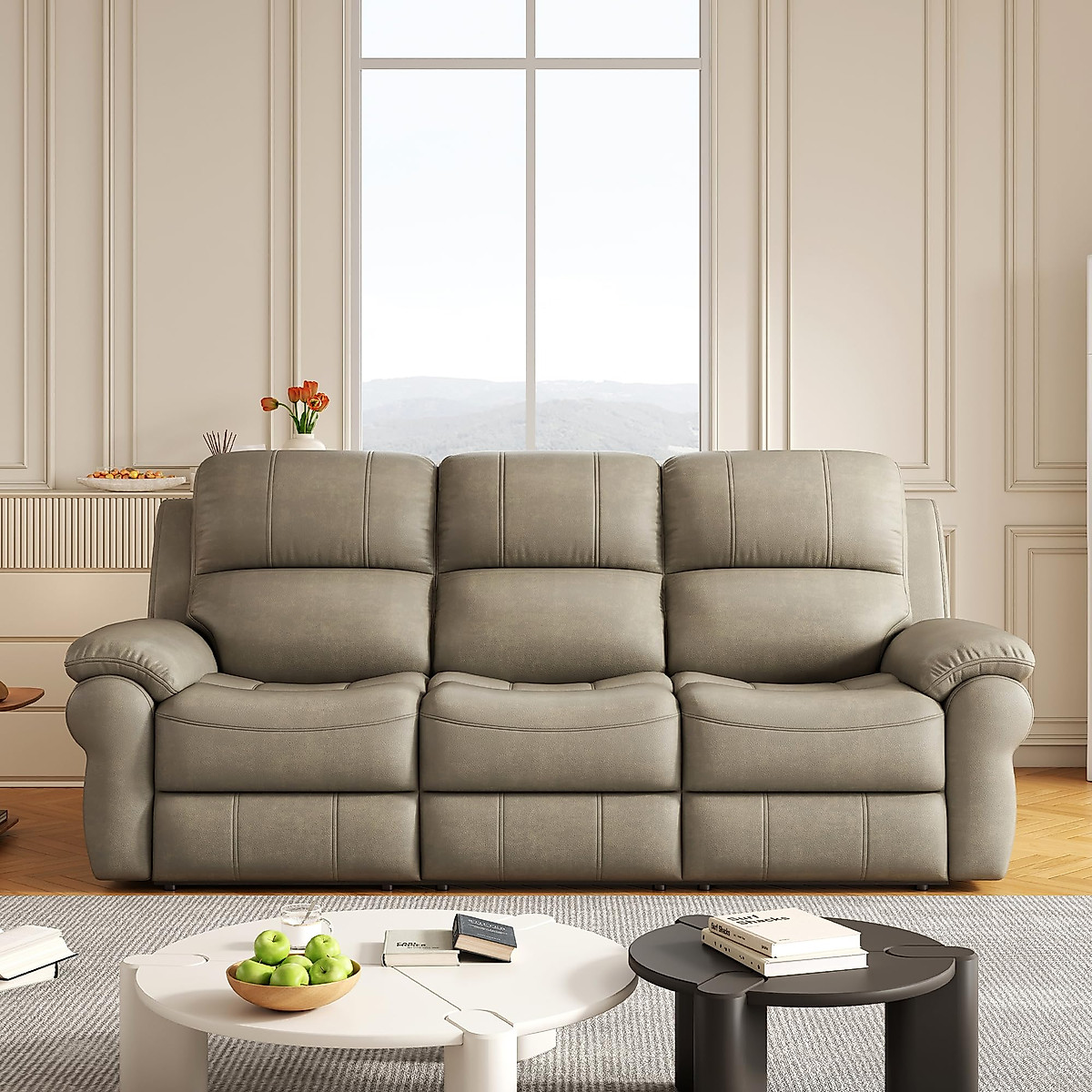 Plococo 85inch Power Recliner Sofa with Wireless Charger and Cupholder, Breathable Tech Cloth Fabric Reclining Sofa with Drop Down Table,USB Button,3 Seater Sofa (Khaki)