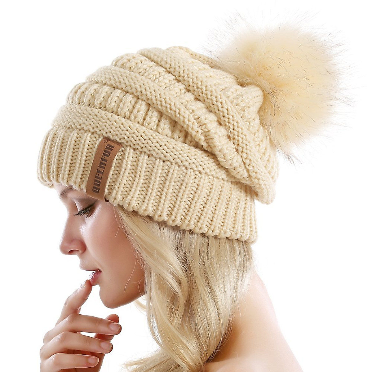 QUEENFUR Women Knit Slouchy Beanie Chunky Baggy Hat with Faux Fur Pompom Winter Soft Warm Ski Cap