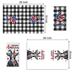 Seliem 4th of July God Bless America Patriotic Goat Kitchen Dish Towel Set of 2, Freedom Star Buffalo Plaid Check Hand Towel Drying Baking Cooking Cloth, Summer Holiday USA Kitchen Decor 18x26 Inches