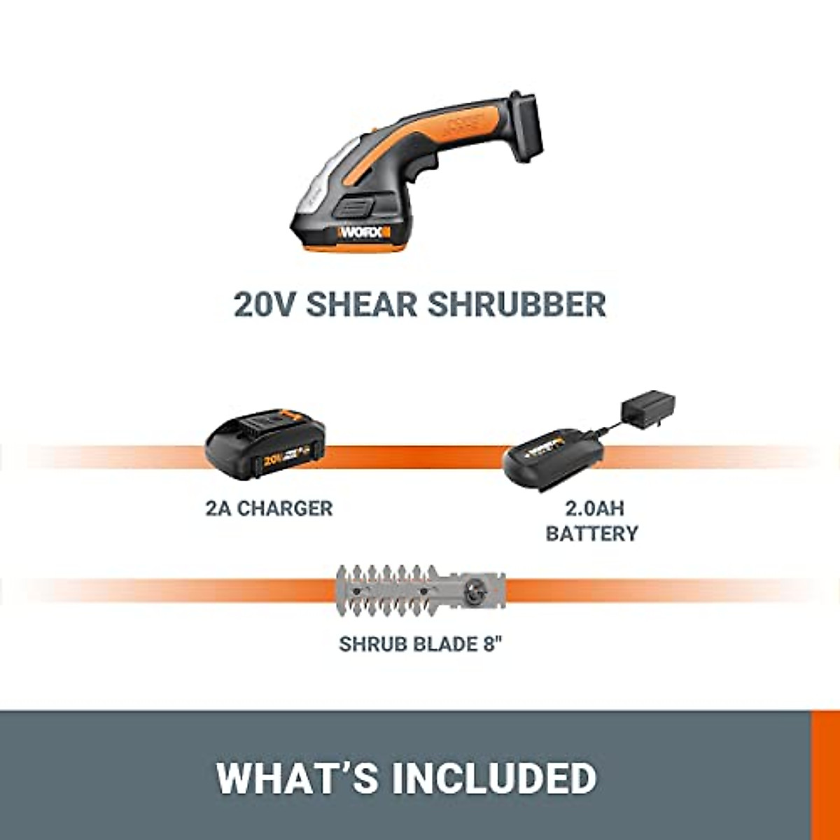 WORX 20V 8" Cordless Shrubber Trimmer Grass Shear WG801.1 Shurb Shear, PowerShare, 1*2.0Ah Battery & Charger Included (Only one 8" shrubber Blade)