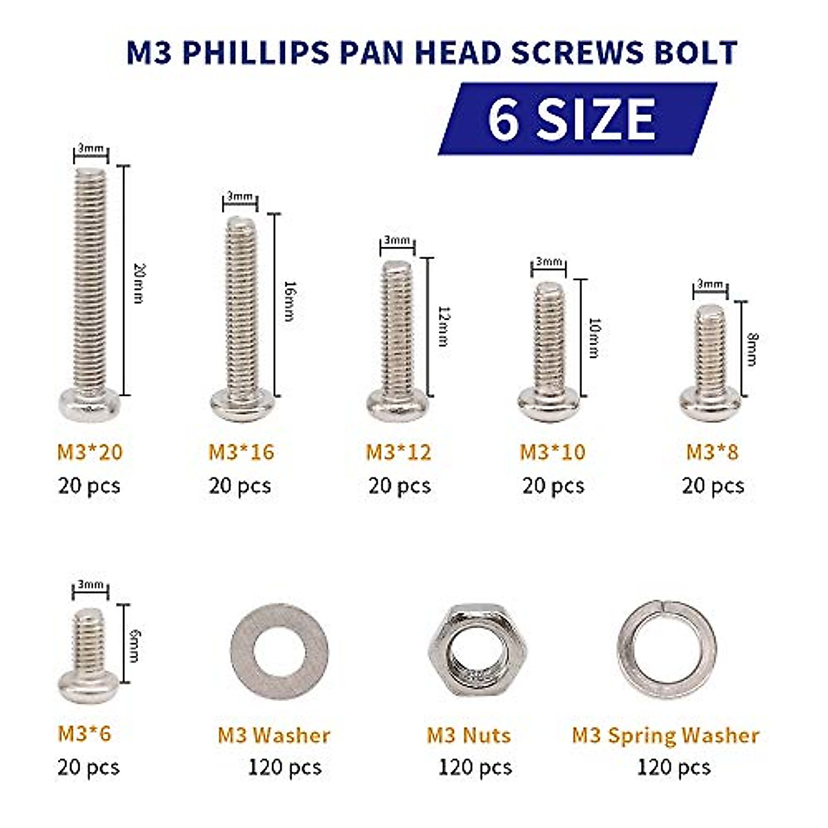 HEMEI 480Pcs M3 Phillips Pan Head Bolt Screws,Phillips Drive,Full Thread 304 Stainless Steel Precise Metric Machine Screws Assortment Kit with Nuts Flat Washers Lock Washers and Storage Case