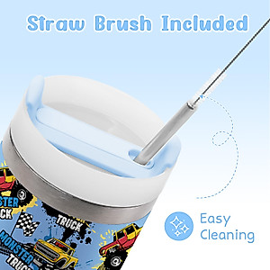 14 oz Monster Truck Tumbler with Handle and Straw for Kids, Insulated Stainless Steel Travel Mug for Toddlers Boys, Vacuum Leak Proof Reusable Tumbler, Birthday Gifts for Boys