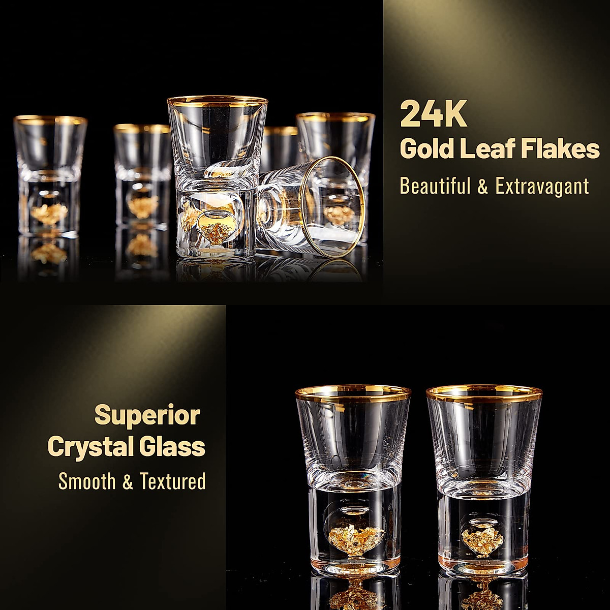 DUJUST Shot Glasses (1.5oz), Crystal Shot Glass Set Decorated with 24K Gold Leaf Flakes, Cool & Cute Shot Cups, BPA-Free & Lead-Free, Perfect for Décor & Collection, Gift Choices - 2 pcs