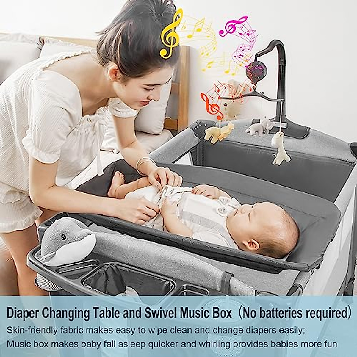 5-in-1 Pack and Play, Baby Bassinet Bedside Sleeper with U-Shaped Diaper Changer, Portable Baby Playard for Newborn Toddlers, Baby Crib with 4 Adjustable Height, Carry Bag, Easy to Install