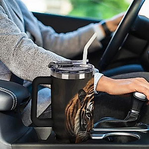 LLUTSNTH 40 Oz Vacuum Tumbler with Black Handle Leakproof Insulated Tumbler Wild Animals Tiger Stainless Steel Travel Mug with Lid And Straw Coffee Cup Cute Water Bottles Cup Holder Friendly