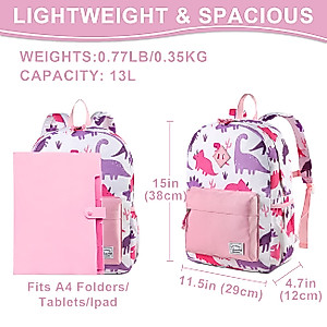 VASCHY Kids Backpack for Girls, Cute Dinosaur Lightweight Backpack for Toddlers Daycare Preschool Little Girls Pink