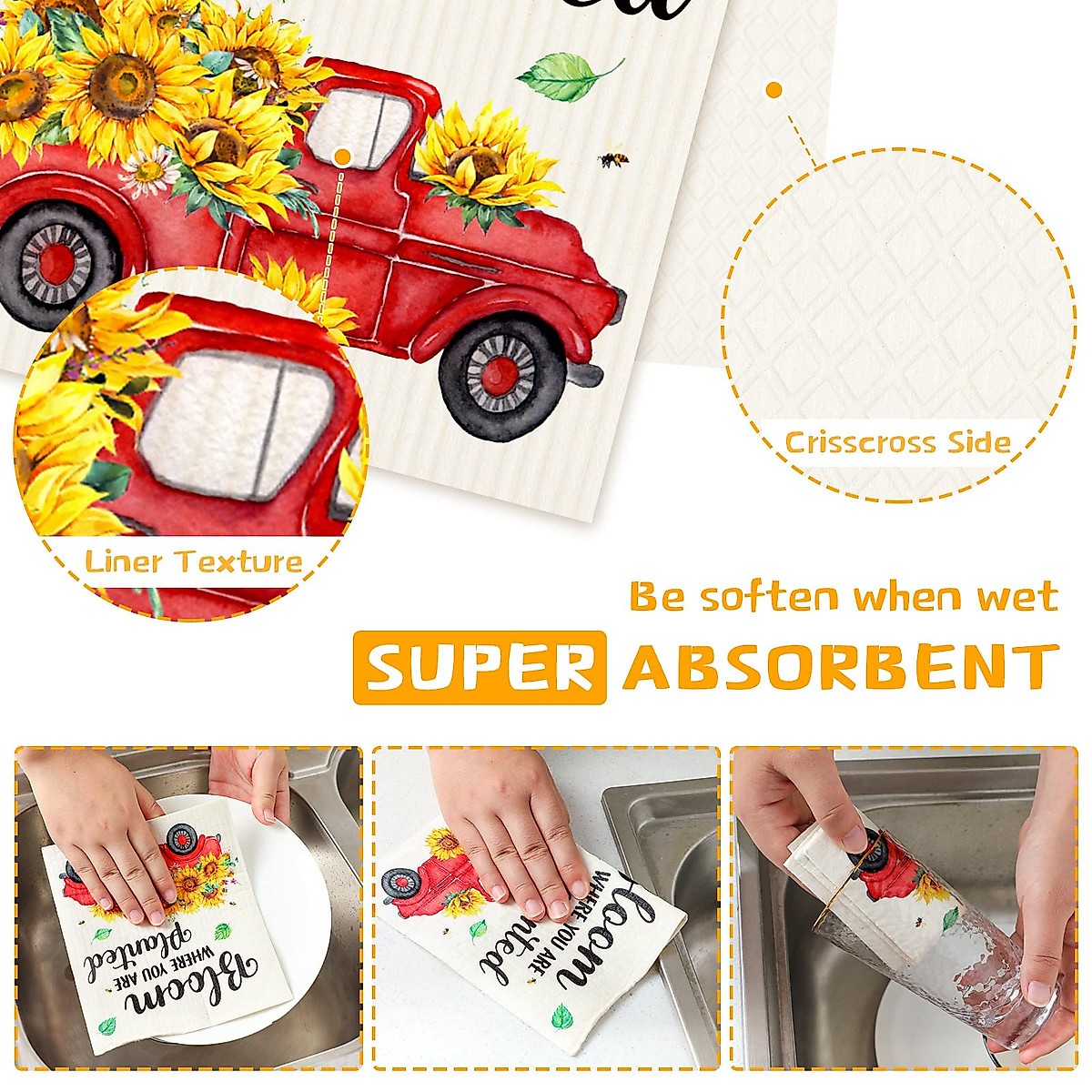 Moukeren 6 Pieces Swedish Kitchen Dishcloths for Kitchen Sunflower Dish Towels Bee Kitchen Towels Absorbent Reusable Sponge Cleaning Dish Cloths Quick Drying Washable Tea Towels No Odor Bar Hand Towel