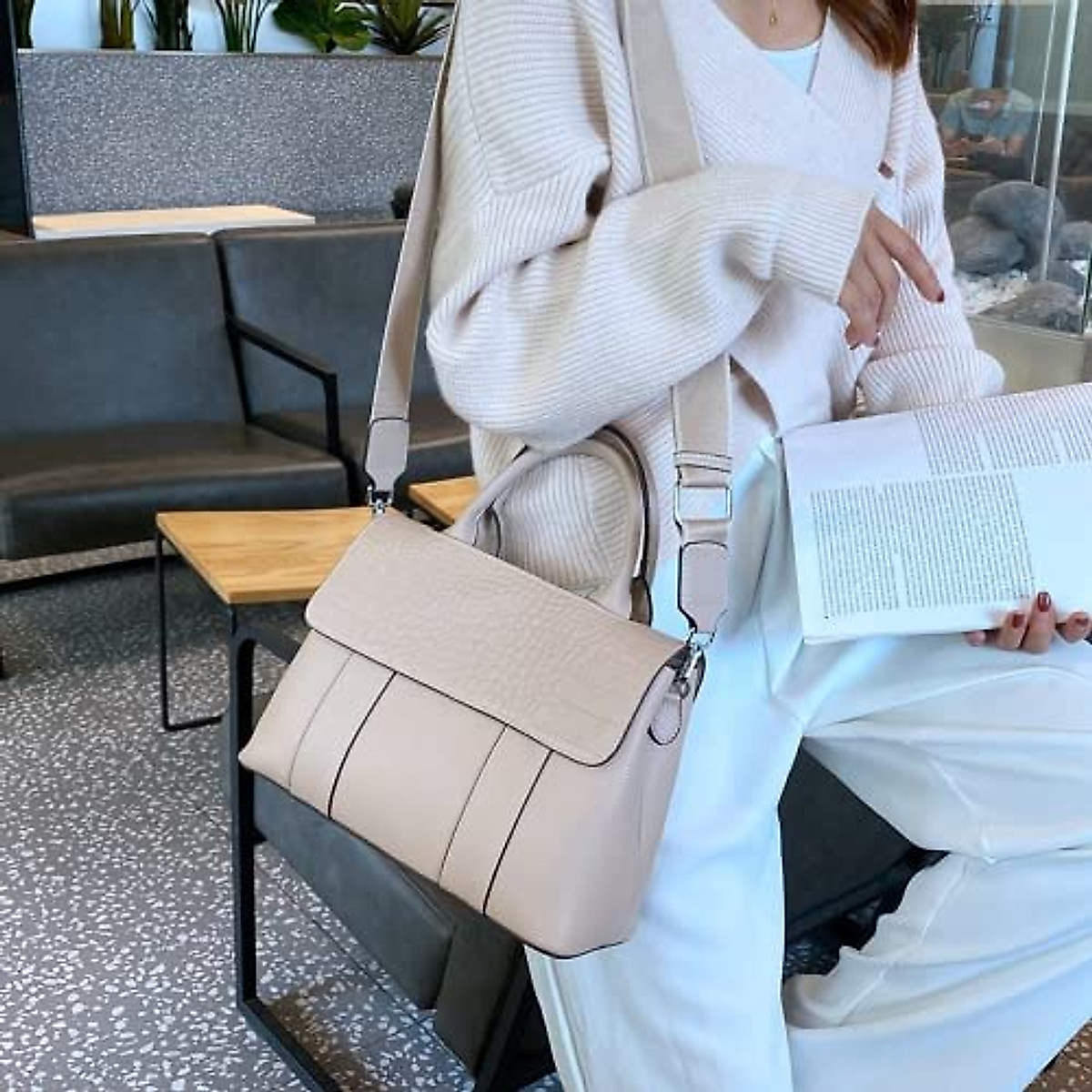 Genuine Leather Women's Fashion Handbags Convertible Satchel Handbag Cross-body Shoulder Bags (Off-white)