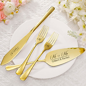 Zhamate Custom Cake Cutting Set for Wedding, Personalized Cake Knife and Server Set, Stainless Steel Personalized Cake Cutter Set for Wedding, Anniversary, Birthday Gift(Gold)