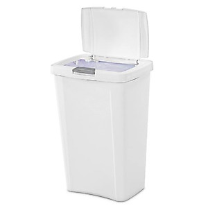 Sterilite 13 Gallon TouchTop Wastebasket Trash Can Garbage Recycle Bin with Titanium Latch for Kitchen, Garage, Basement, or Office, White (8 Pack)