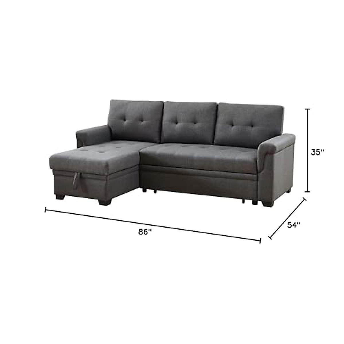 Maykoosh Lakeside Living Linen Cotton Upholstery Fabric Reversible 3 Seating Sectional Sleeper Sofa Chaise with Storage - 86" D x 54" W x 35" H Steel Gray