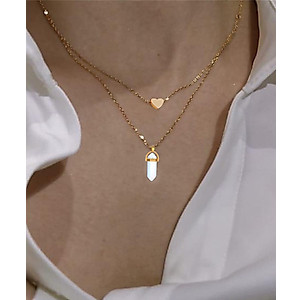 THJEW Natural Opalite Crystal Stone Bullet Pendant Necklace,Opal Crystal Layered Pendant Necklace,Natural Gemstone Pendant,Opal Crystal Jewelry, Yellow Gold, Opal