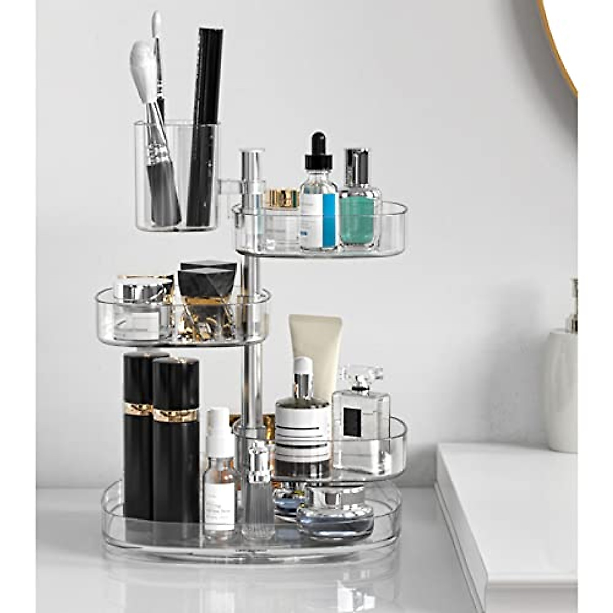 Makeup Organizer Storage Rack Adjustable Trays Large Capacity Cosmetics Holder for Countertop Vanity Bathroom Bedroom Clear Acrylic Degree Rotating Makeup Organizers Tray Drawers and Storage for