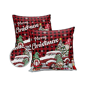 Christmas Outdoor Pillow Cover 16x16 Inch Cushion Sham Case,Red Plaid Gnome Truck Winter Snowflake Xmas Tree Waterproof Decorative Square Throw Pillowcase for Garden Patio Porch Couch Chair Tent