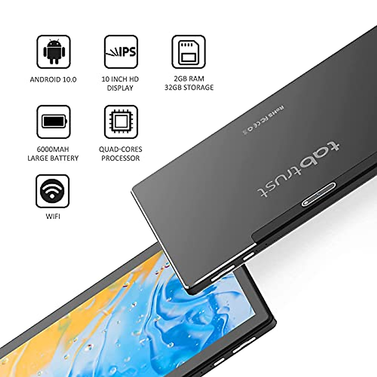 Tablet 10 inch + Tablet Stand, 2GB RAM,32GB Storage, 8MP Dual Camera, 1280x800 IPS HD Display, Quad-Core Processor, Wi-Fi, Bluetooth, GPS, Google Certified Android Tablet, Black