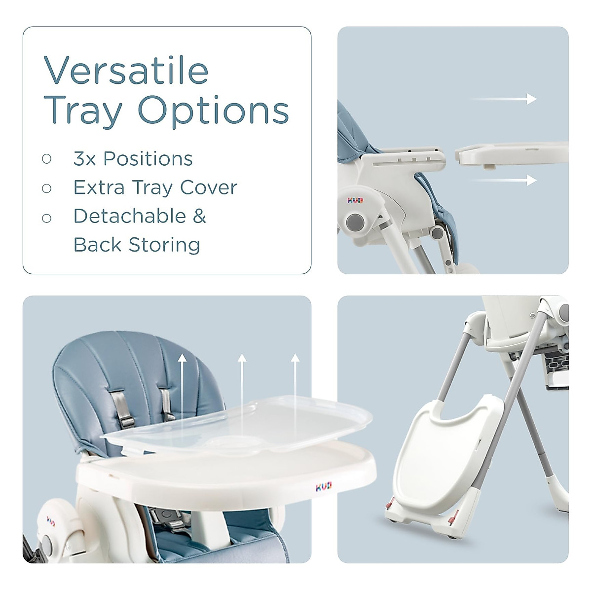 KÜB 3-in-1 Foldable Baby High Chair (Blue) | Multifunctional Infant HighChair for Babies & Toddlers | Removable Seat & Tray for Easy Clean | 7 Height & 4 Recline Adjustable | 2 Locking Wheels | Safe