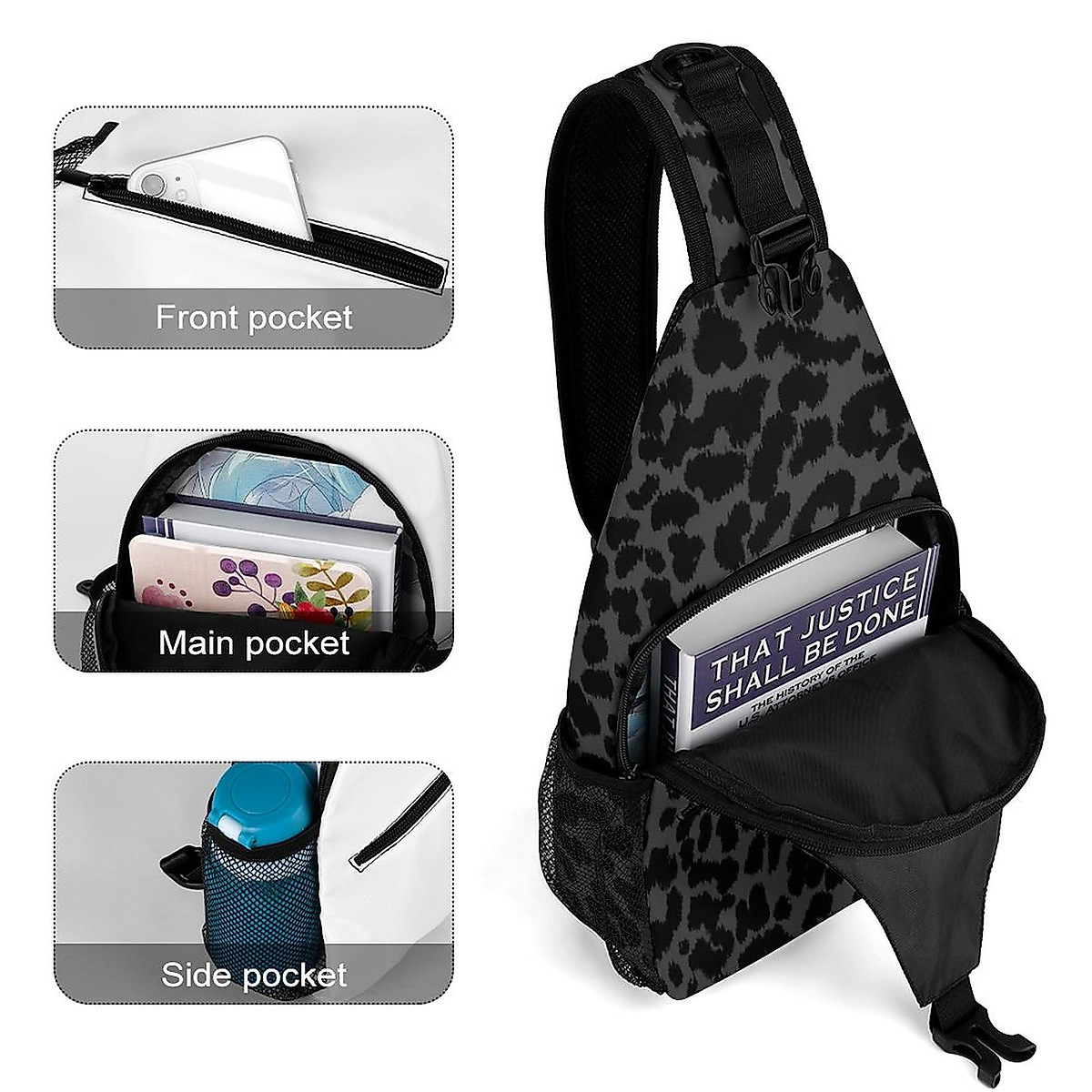Small Sling Backpack for Men Women, Dark Gray Black Leopard Cheetah Print Chest Bag Sports Gym Daypack Cross Body Bag for Hiking Traveling Outdoors