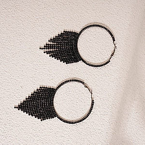 JWICOS Large Rhinestone Round Hoop Earrings for Women Long Chandelier Tassel Dangle Earrings for Party Gift Wedding (Black)