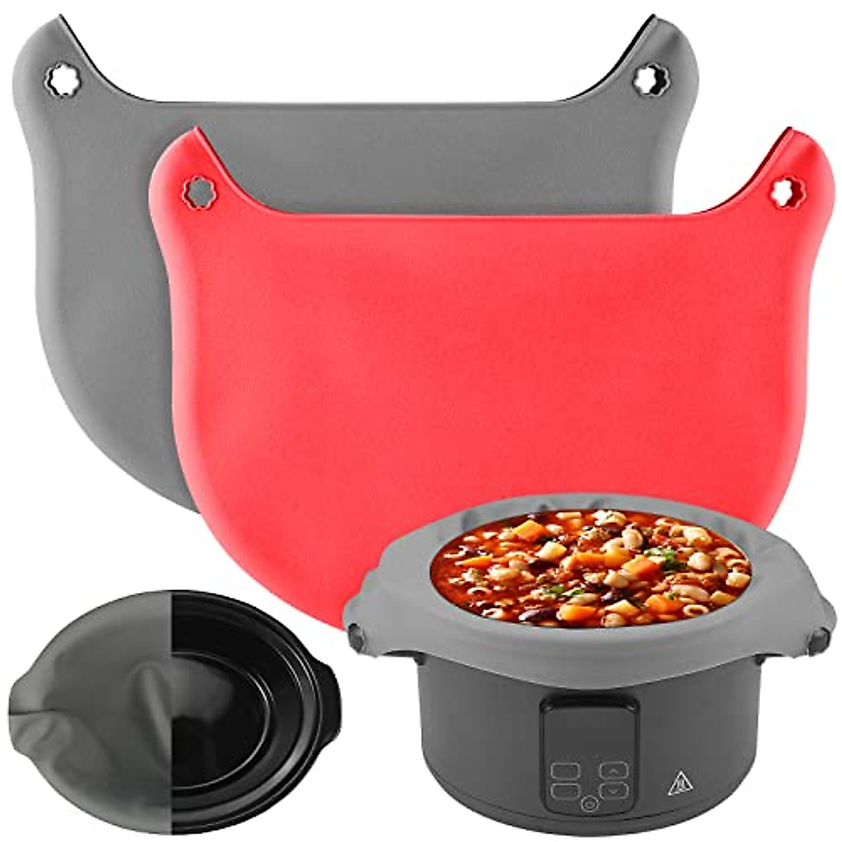 XOUDOOH Silicone Slow Cooker Liners for Crockpot & Hamilton Beach 8QT, Reusable/BPA Free/Leakproof/Slow Cooker Accessories Cooking Liner for 7/8 Quart Slow Cooker(Red/Grey)