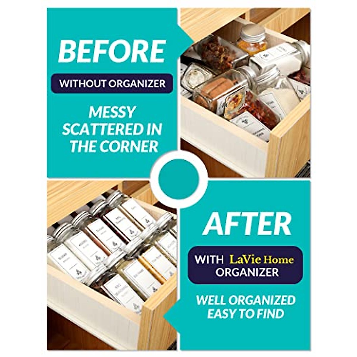 LaVie Home Expandable Spice Tray for 9" to 17" Wide Drawer, 6pcs Combinable Clear Racks (3 or 6 Tiers), Up to Store 30 Seasoning Jars, for Small/ Narrow Cabinet Drawer