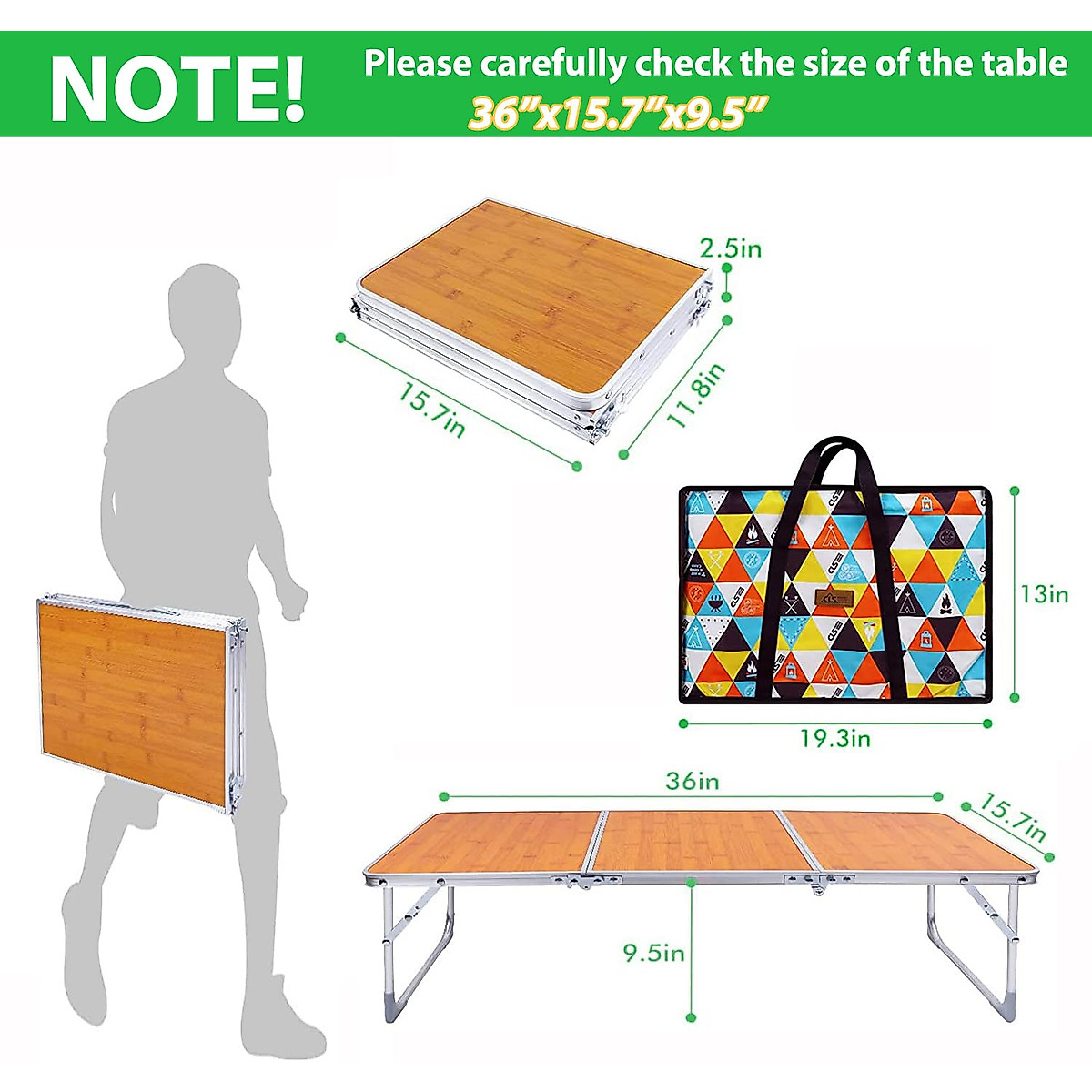 LJMBOEN Folding Camping Table,Portable Picnic Table Foldable Lightweight Outdoor Aluminum Legs,3 Fold Beach Table Carrying Handle for Beach Party Picnic Beach Home Office Cooking