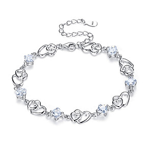 EleQueen 925 Sterling Silver CZ Double Love Open Heart Tennis Bracelet, 6.9"+1.2" Extender (Silver)