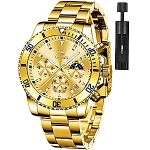 OLEVS Gold Watch for Men Classic with Date Business Dress Luxury Big Face Male Watch Waterproof Luminous Pro Diver Mens Wrist Watch Analog Two Tone Stainless Steel Multifunction Watch