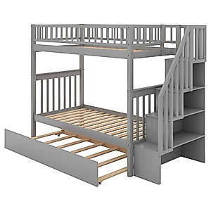 Harper & Bright Designs Twin Over Twin Bunk Bed with Stairs and Trundle, Solid Wood Stairway Bunk Bed Frame with Storage, Can be Split into 3 Separate beds, for Kids Teens Adults (Gray)