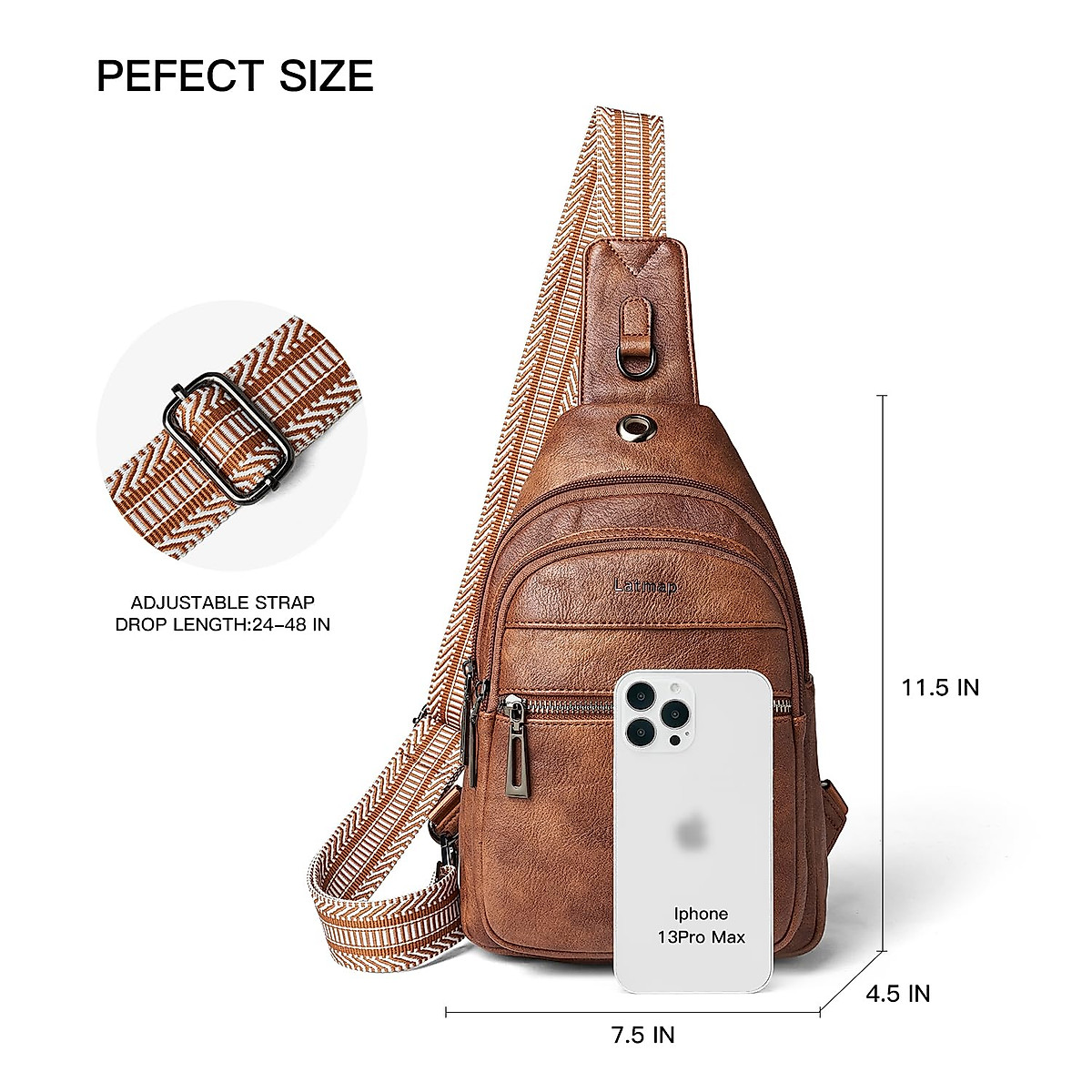 LATMAP Sling Bag For Women Faux Leather Anti Theft Small Casual Daypack Backpack Fanny Pack Crossbody Chest Bags Purse Waterproof Brown